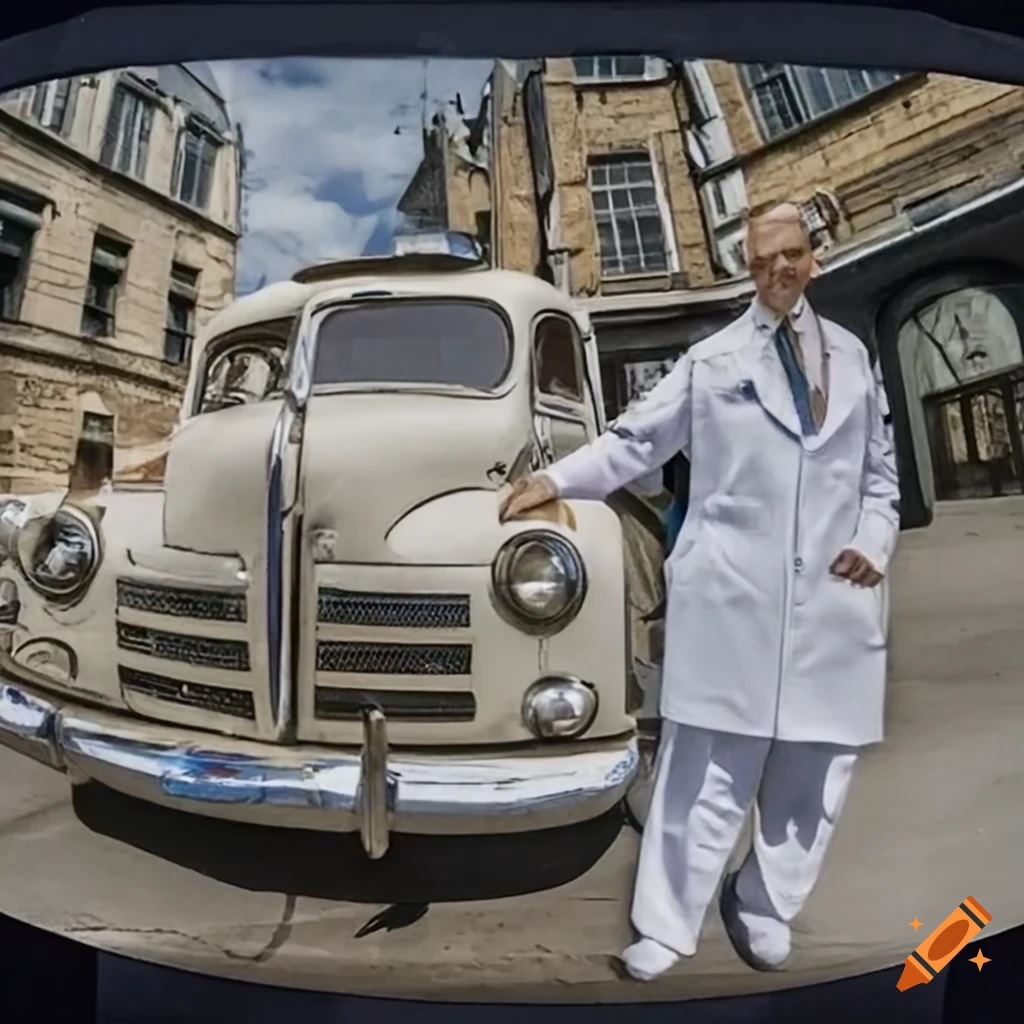 Realistic photo of a doctor near a vintage ambulance car on Craiyon