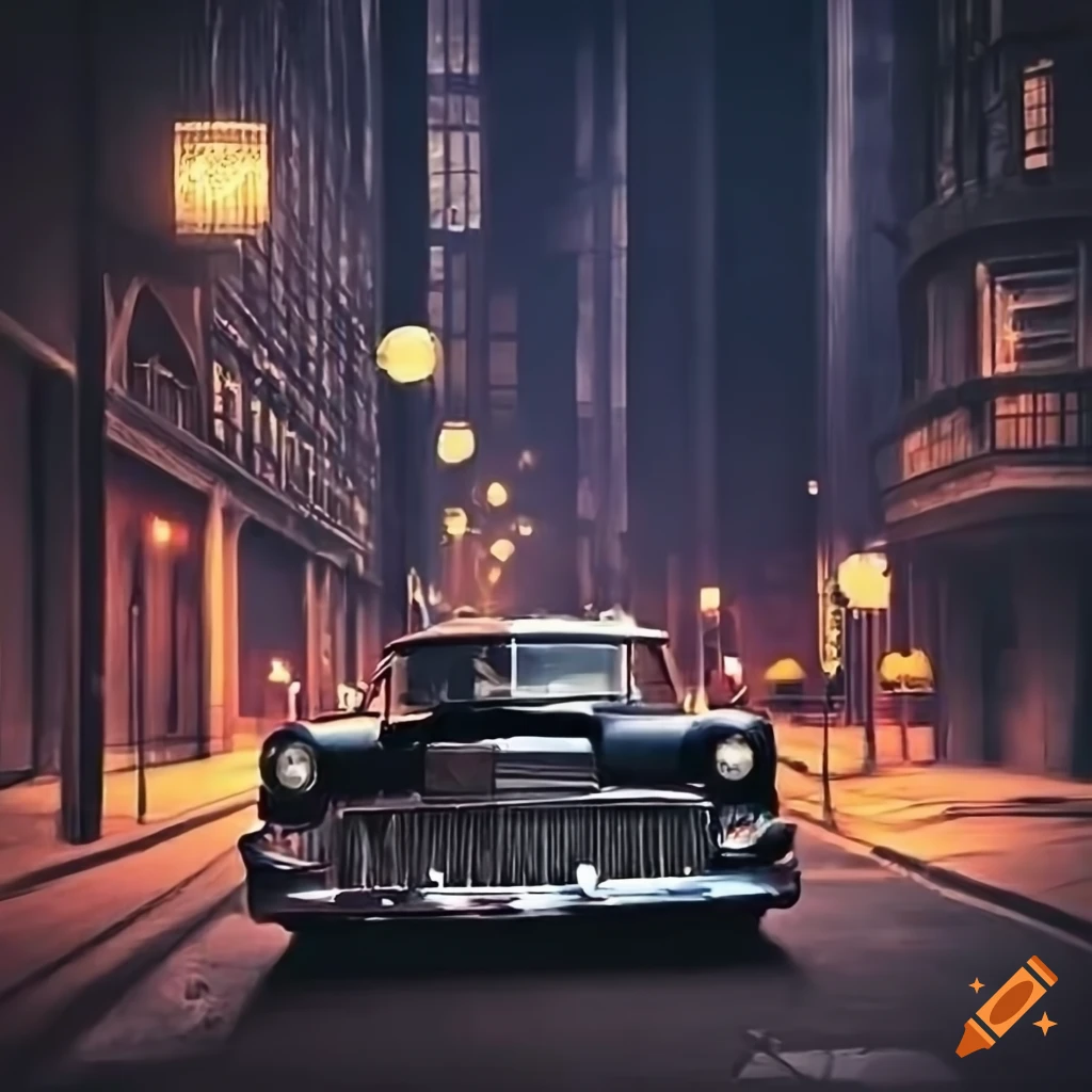 Noir cityscape with vintage cars and city lights at night