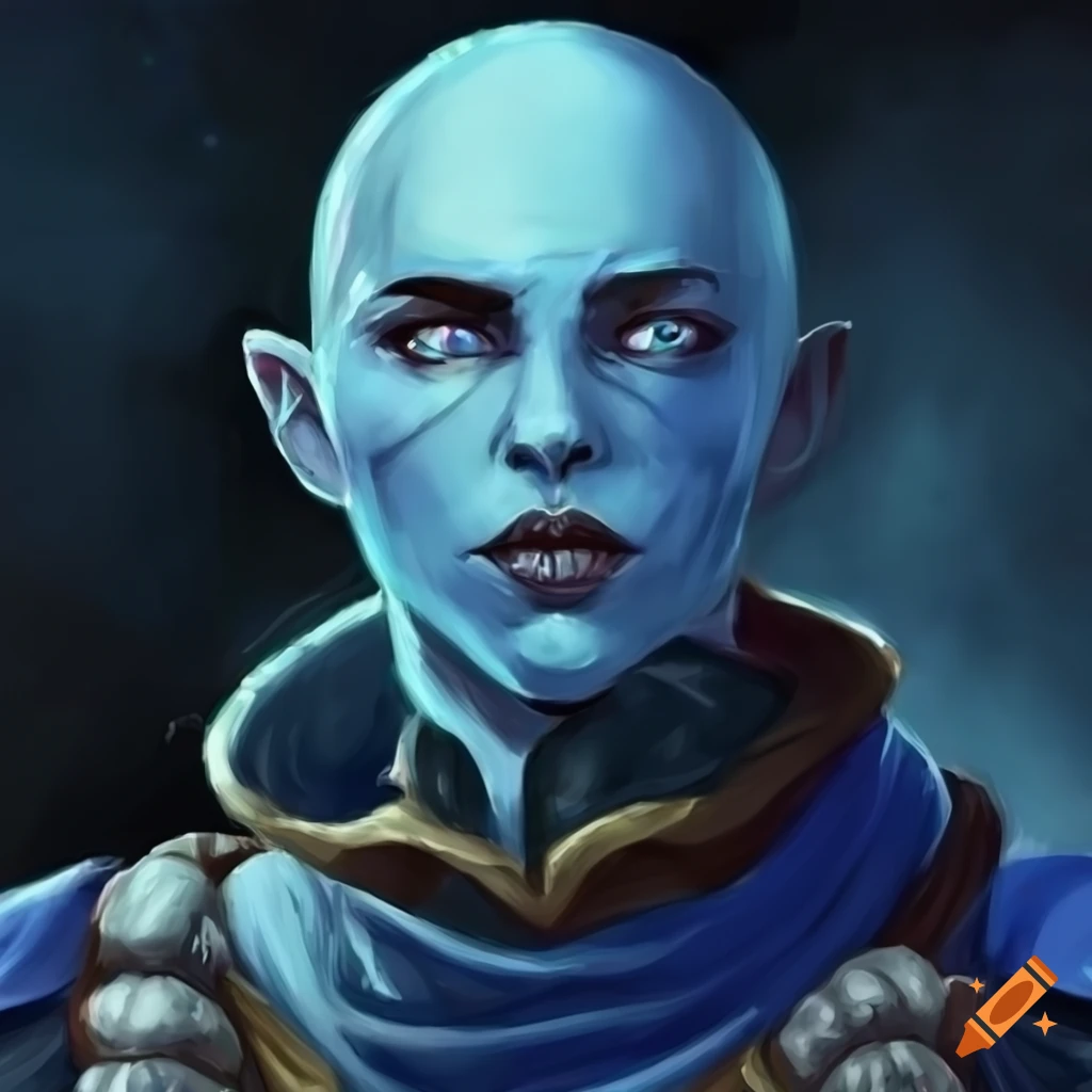 Illustration of a suave bald vedalken cleric on Craiyon