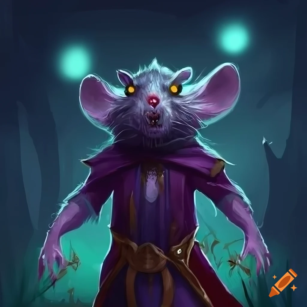 Fantasy illustration of a rat sorcerer in a swamp on Craiyon