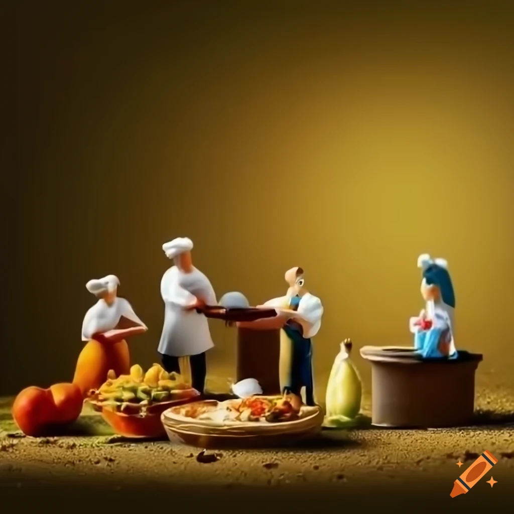 Creative photography of miniature chefs cooking on Craiyon