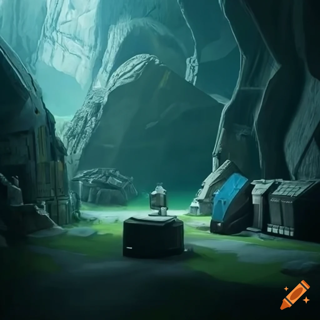 Image of an underground cavern with a star wars workshop and nature on Craiyon