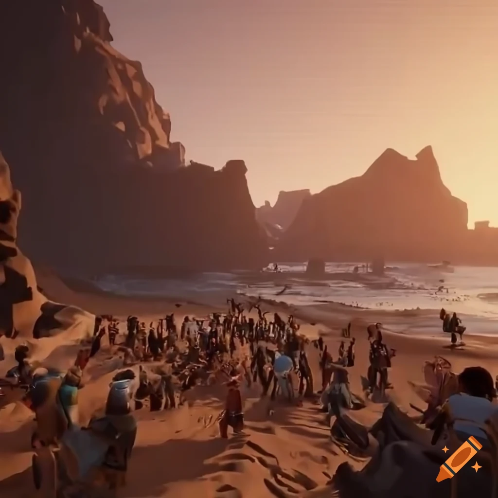 Virtual reality beach scene with a crowd