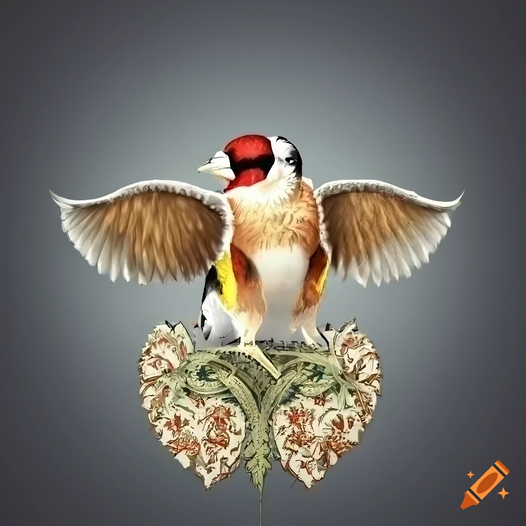 Detailed illustration of a european goldfinch bird taking off on Craiyon