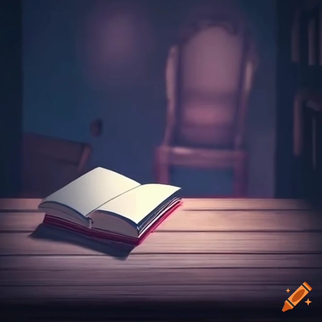 Anime-style depiction of a wooden table with a book on Craiyon