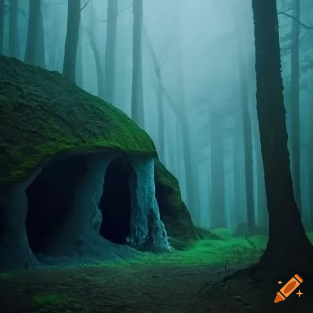 Mysterious cave in a foggy forest
