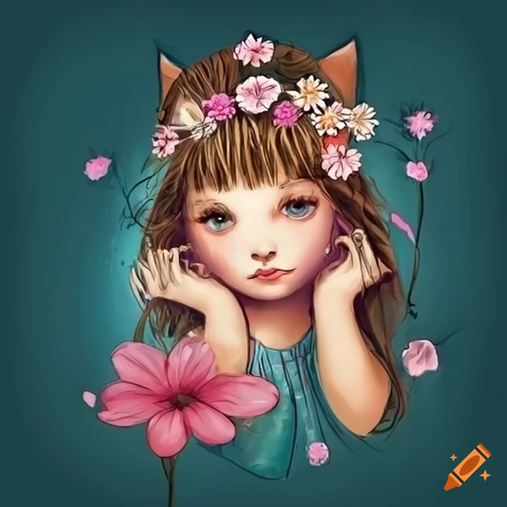 Illustration of a floral cat with flowers and a girl