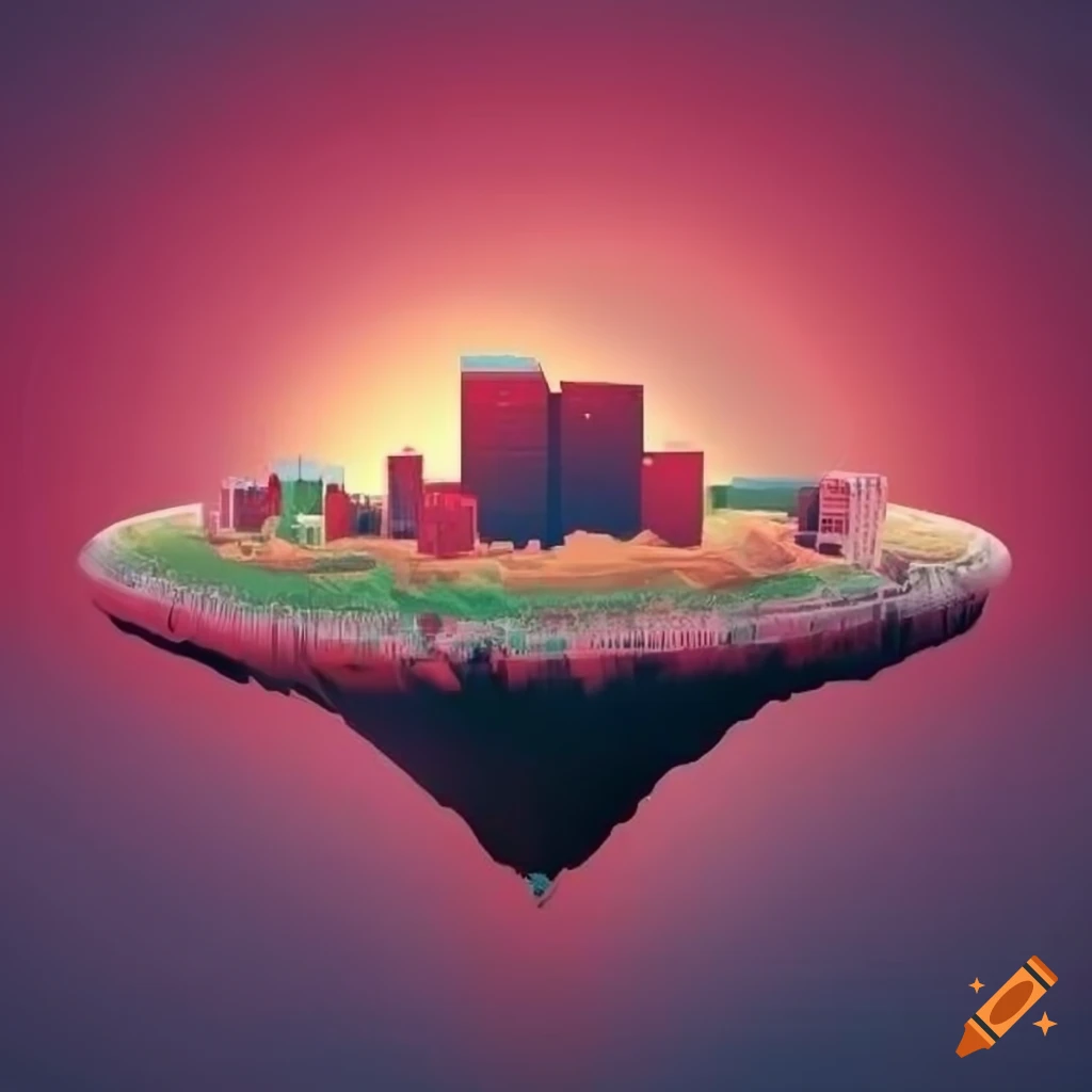 Floating islands cityscape in space with red gradient background