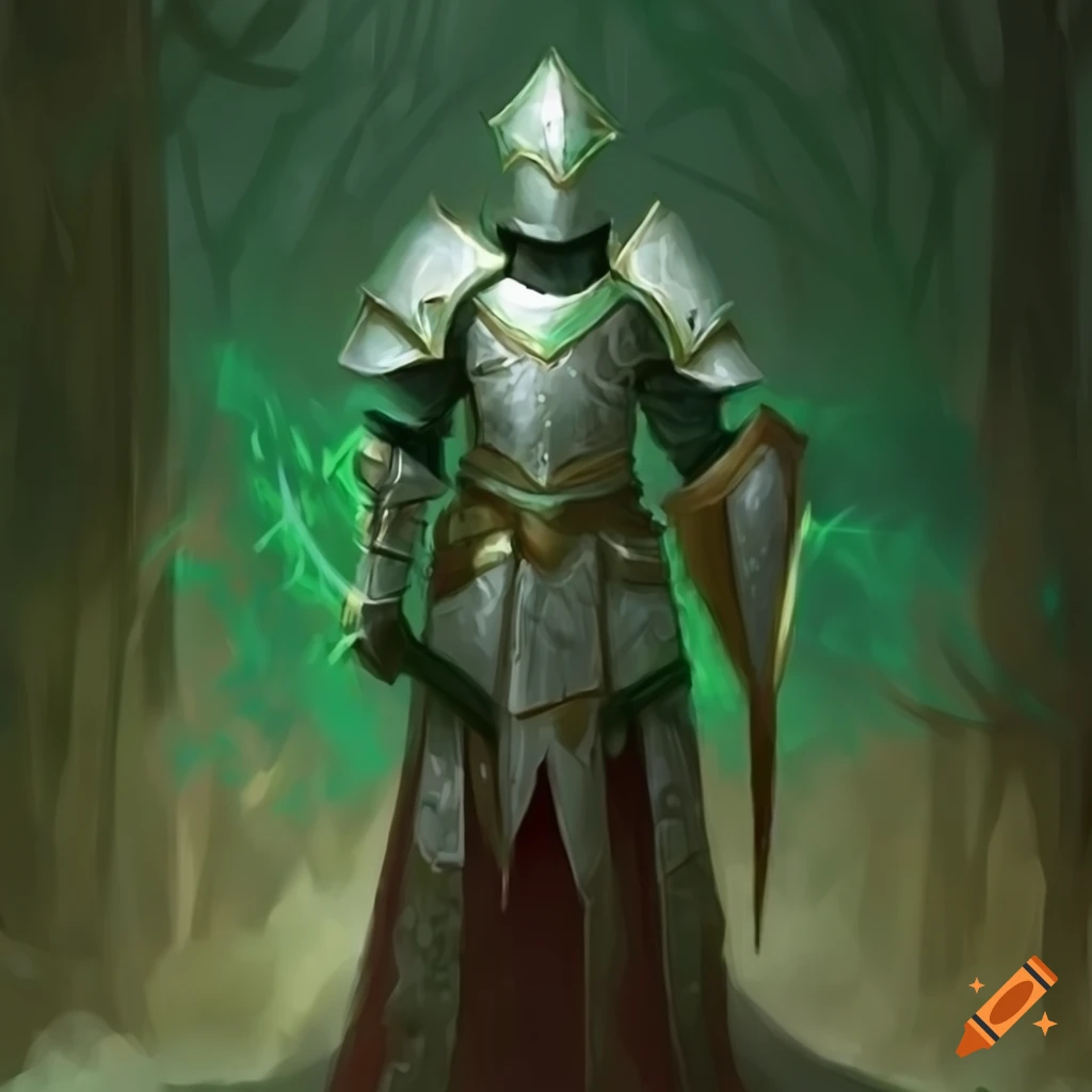 Concept art of a female green knight with dual swords on Craiyon