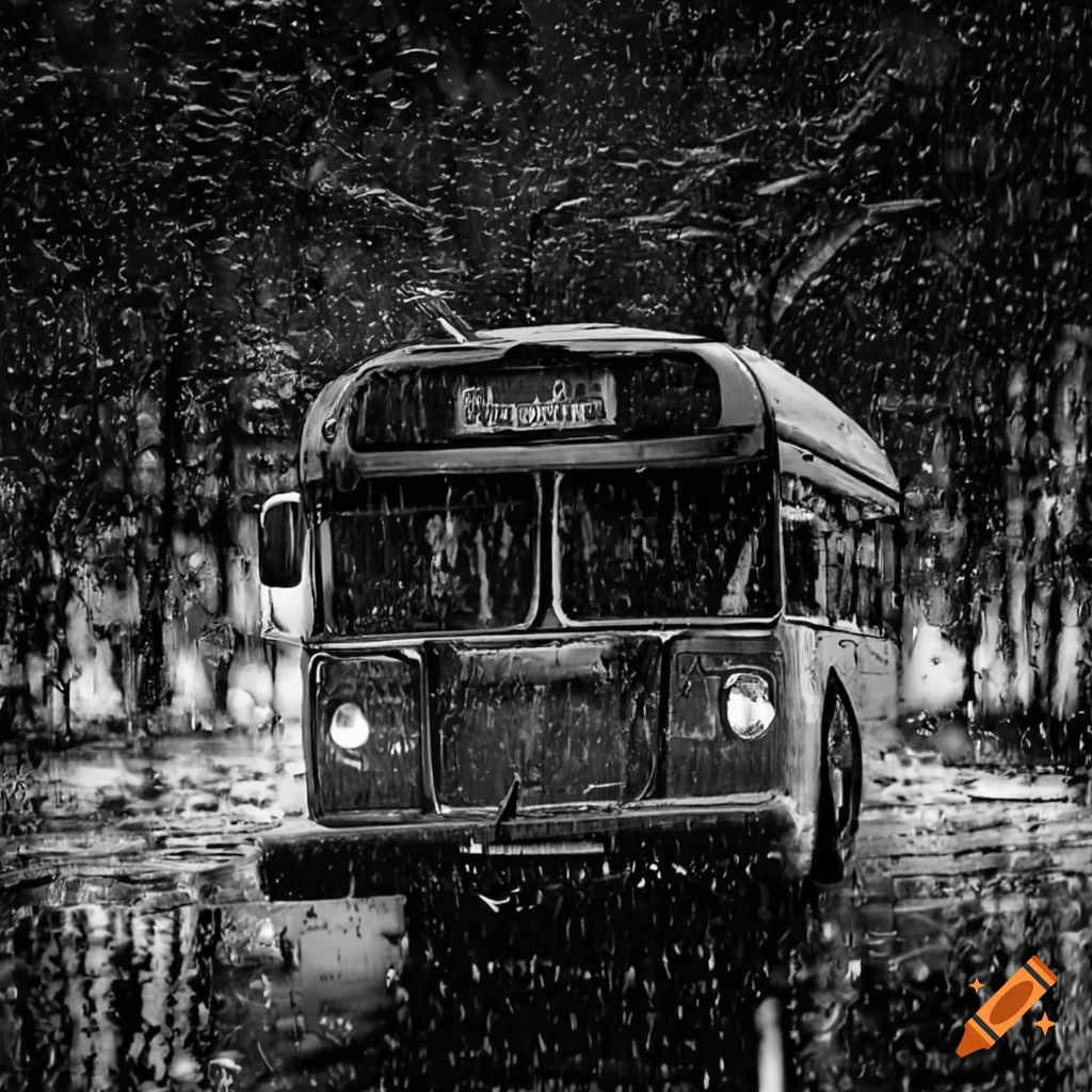 Black and white photo of a scary bus in the rain