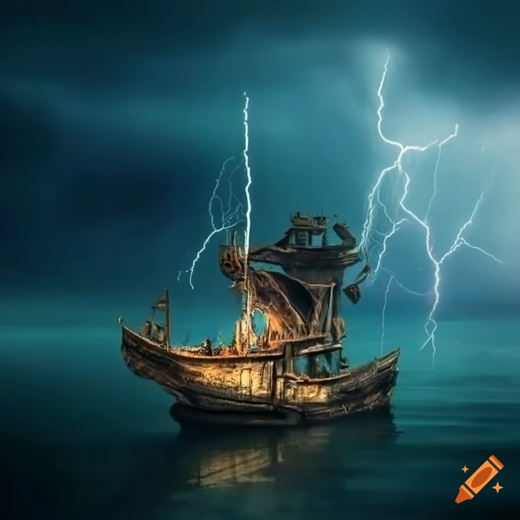 Surreal steampunk boat on the beach on Craiyon