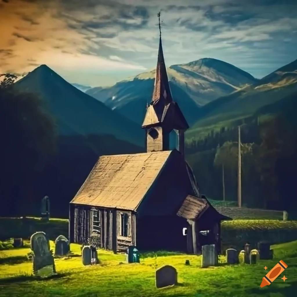 Spooky medieval church in a valley surrounded by forest on Craiyon