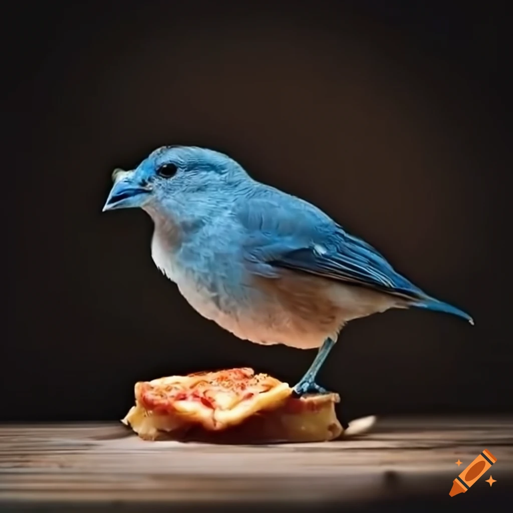 Blue bird eating pizza slice