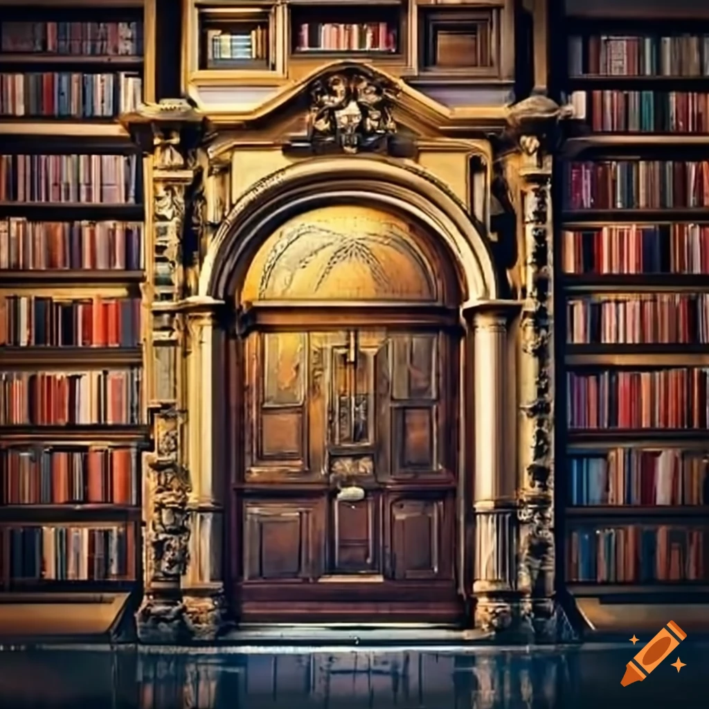 Mysterious door at the end of a library on Craiyon