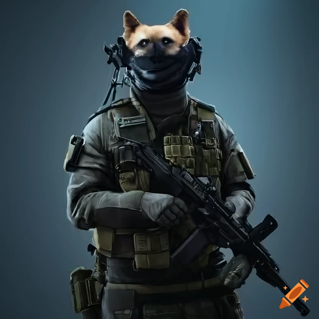 Cinematic portrait of a Shiba Inu in military gear on Craiyon