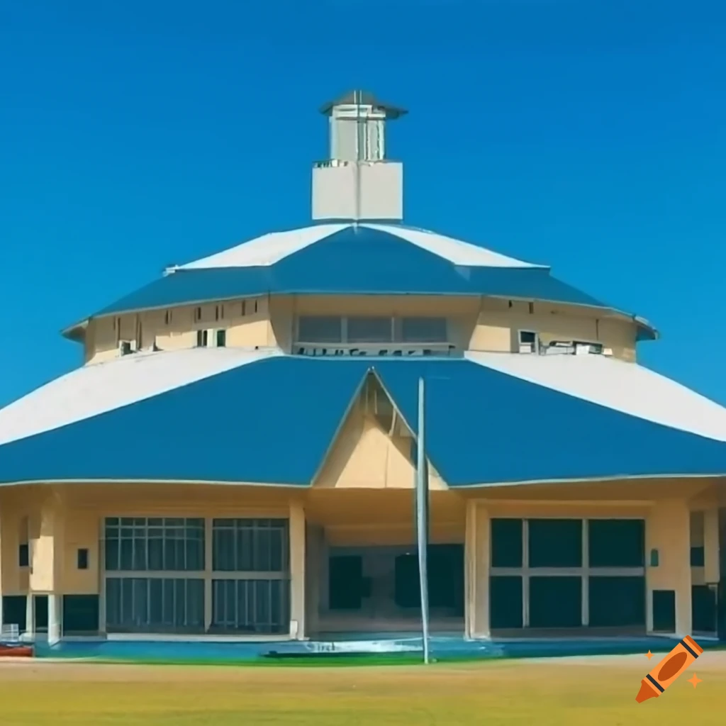 Front view of a hexagonal school building on Craiyon