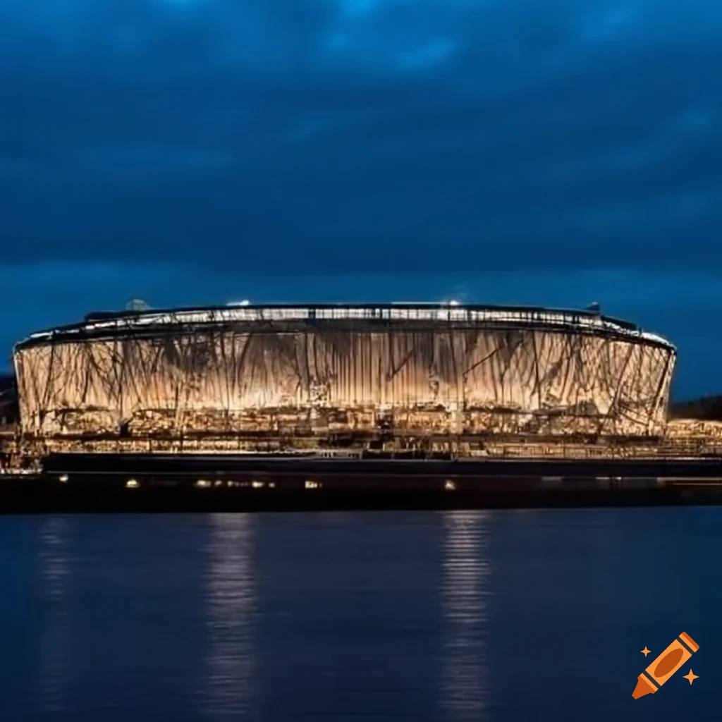 Spectator-covered stadium with city skyline on Craiyon