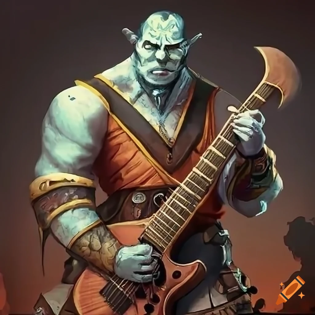 Image of a goliath bard playing a war-axe-guitar on Craiyon