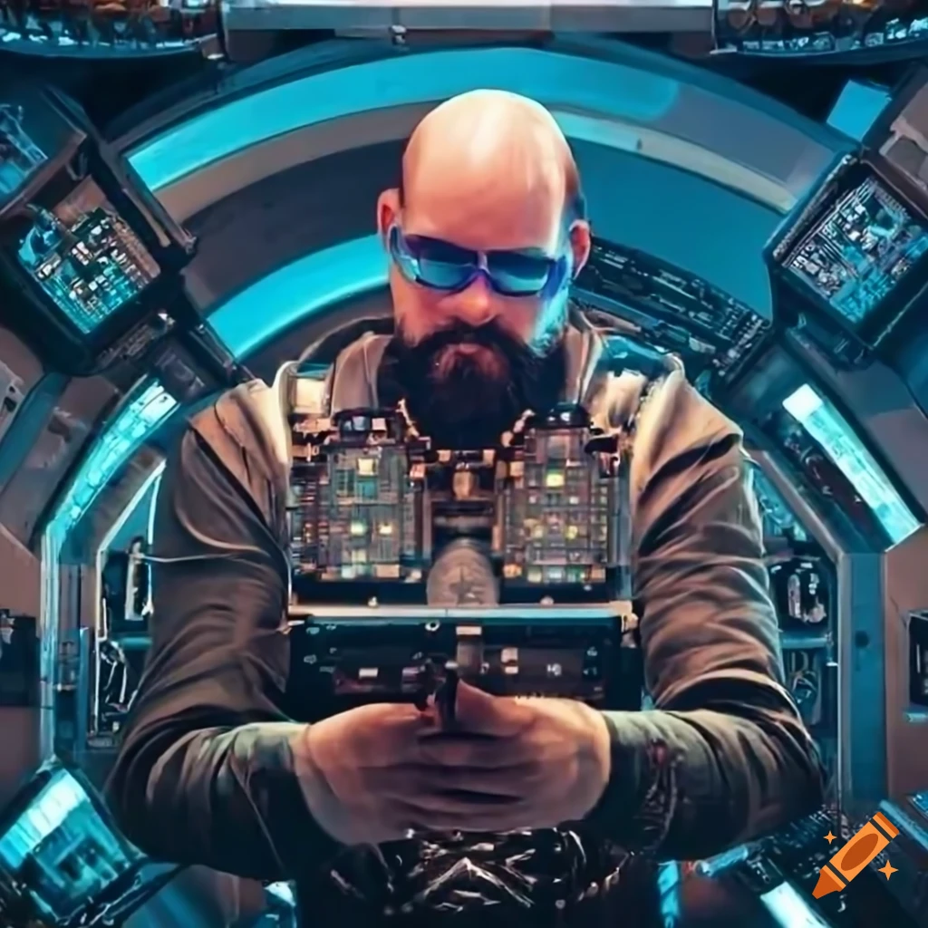 Sci-fi technician with a gruff beard working in a hi-tech workshop on ...