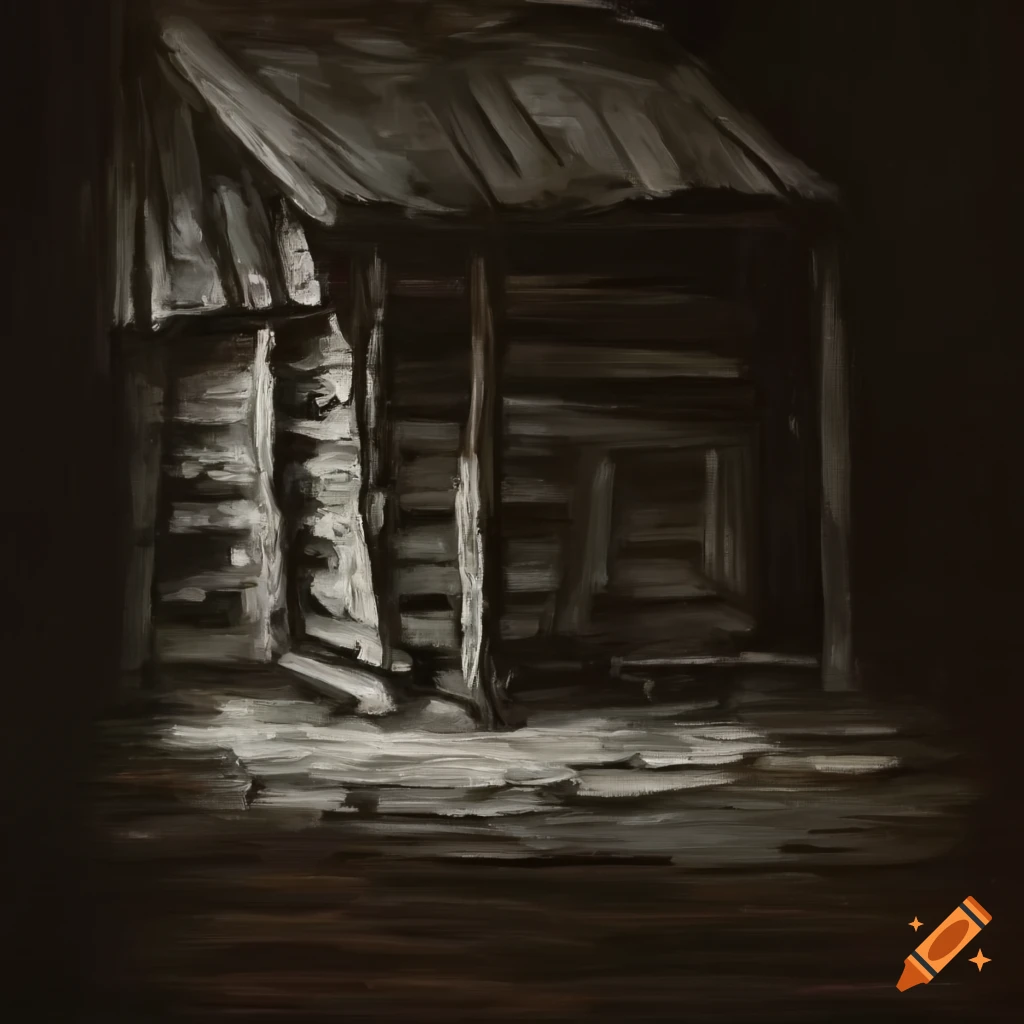 Baroque oil painting of an empty wooden shack