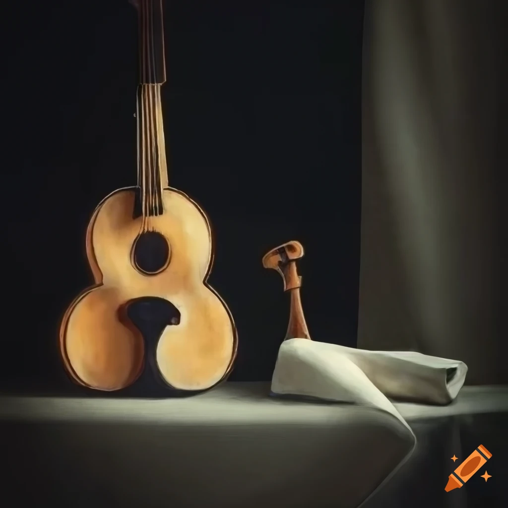 Modern still life with dirty fabric, musical instruments, and books on ...