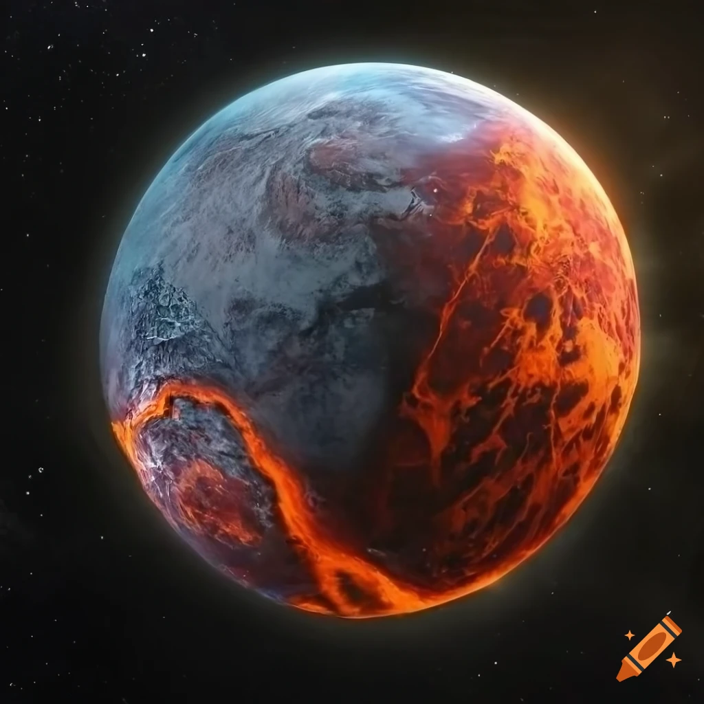 Hyper-realistic painting of a futuristic planet with magma on Craiyon