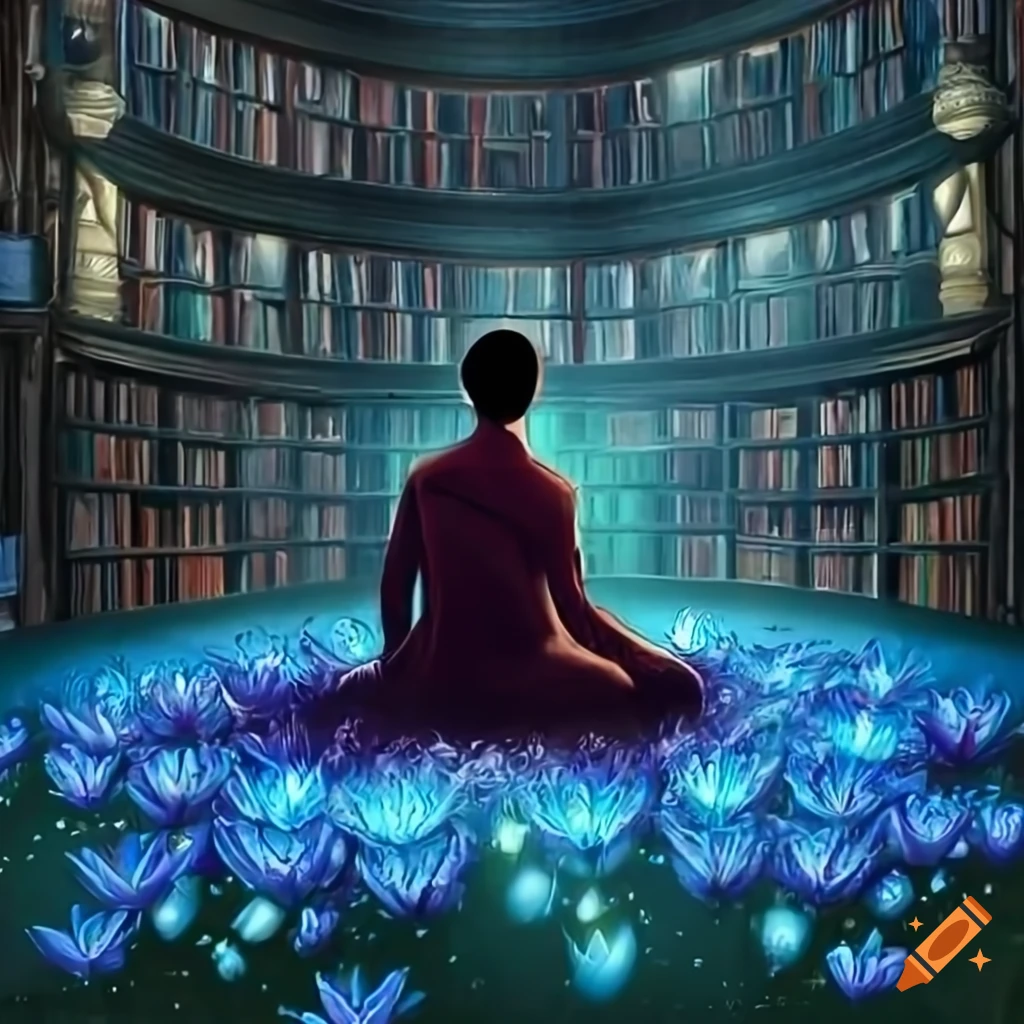 Man sitting in a dark library with blue lotus flowers