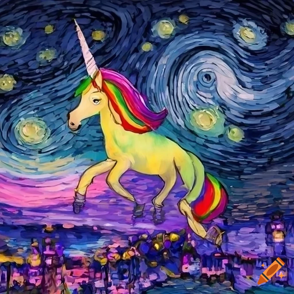 Fantasy painting of a flying unicorn over a starry city on Craiyon