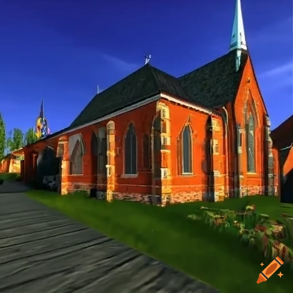 Screenshot of a black and orange church at sunset on Craiyon