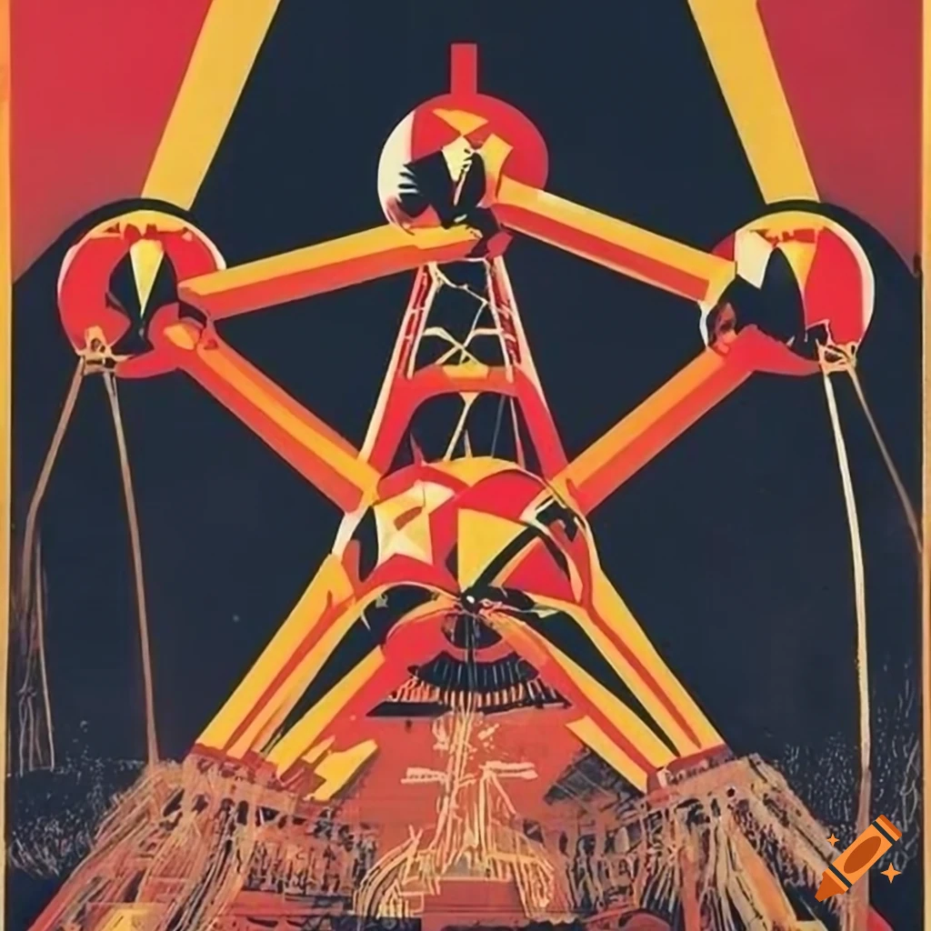 Soviet-style propaganda postcard of the atomium in black, yellow, and ...