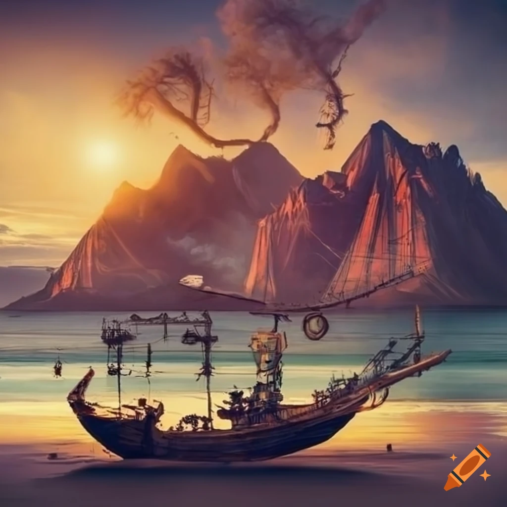 Surreal steampunk artwork with giant crab-like machines on the beach on ...