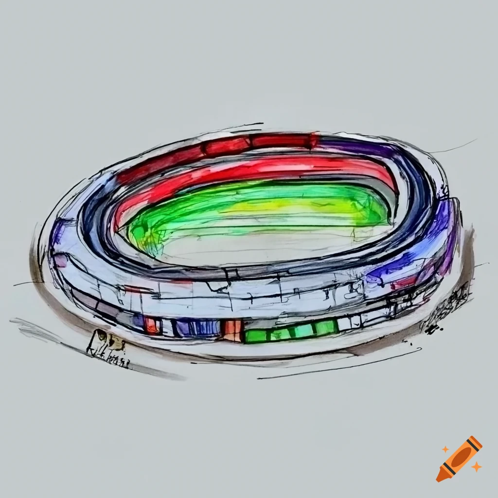 Digital art of a soccer field with stands on Craiyon