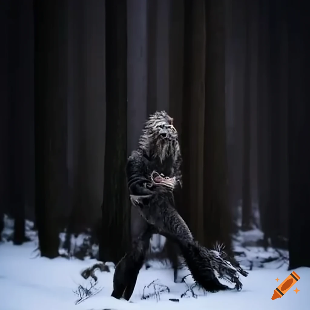Image of a transforming werewolf in a snowy forest on Craiyon