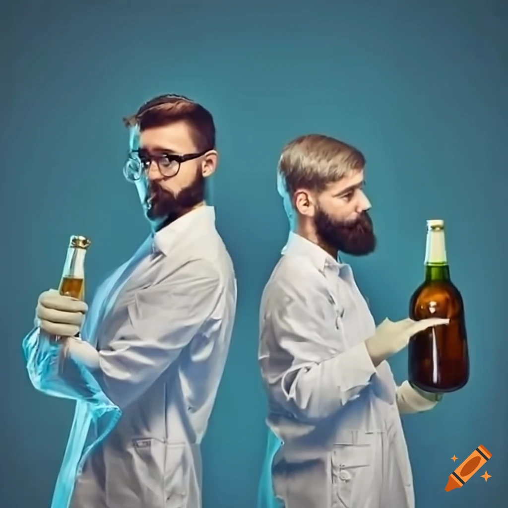 Two male scientists holding beer bottles on Craiyon