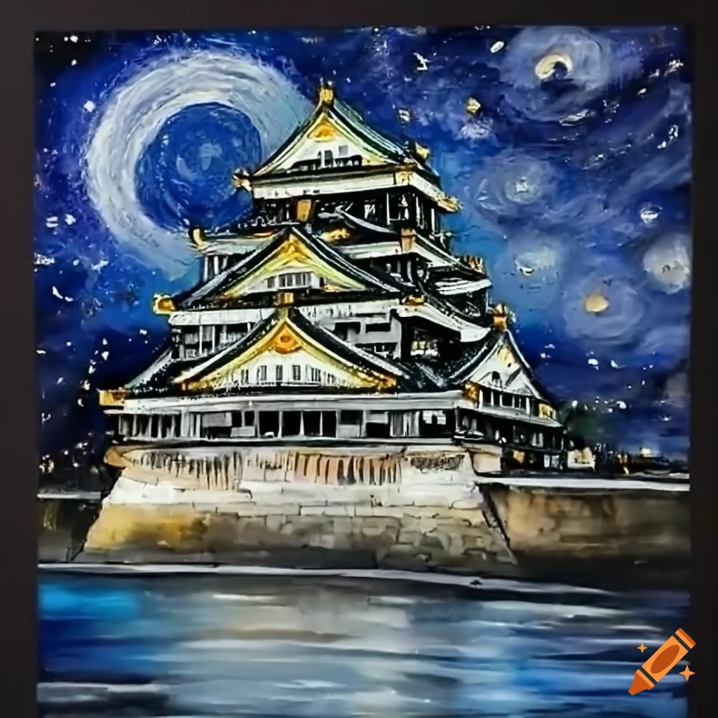 Night sky with osaka castle under a rainbow moonlight
