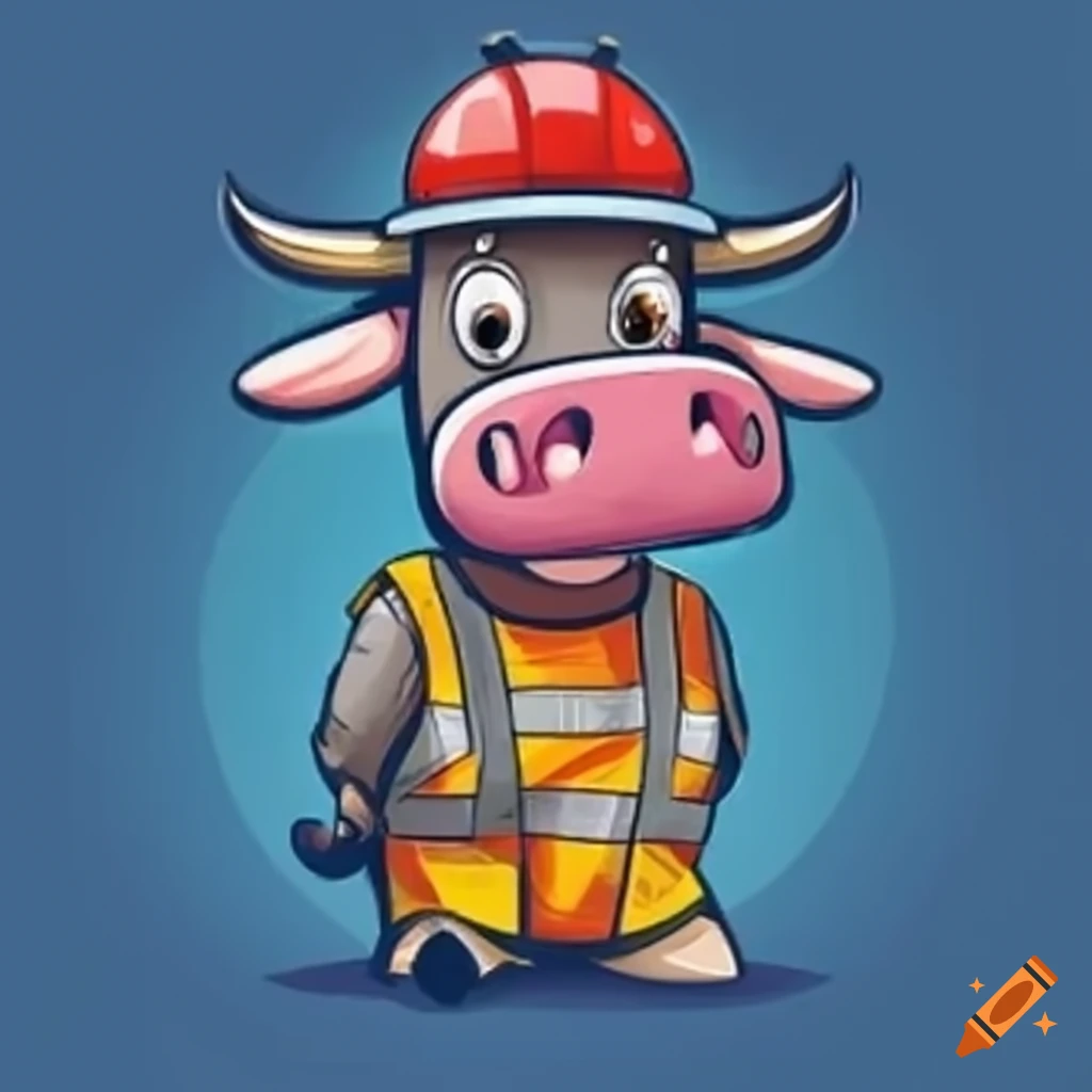 Cartoon cow working on road construction