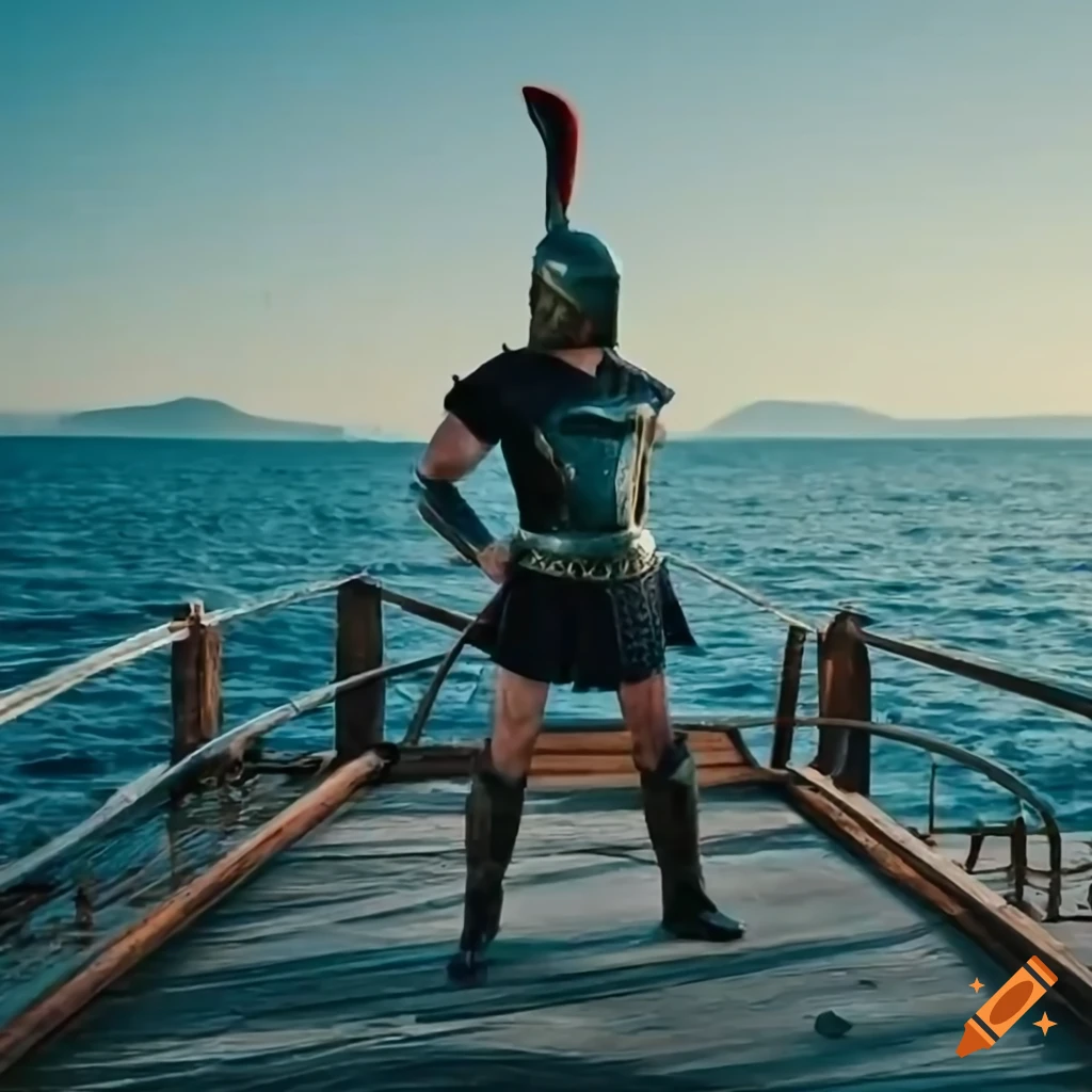 Image of a man in greek armor standing on a warship on Craiyon