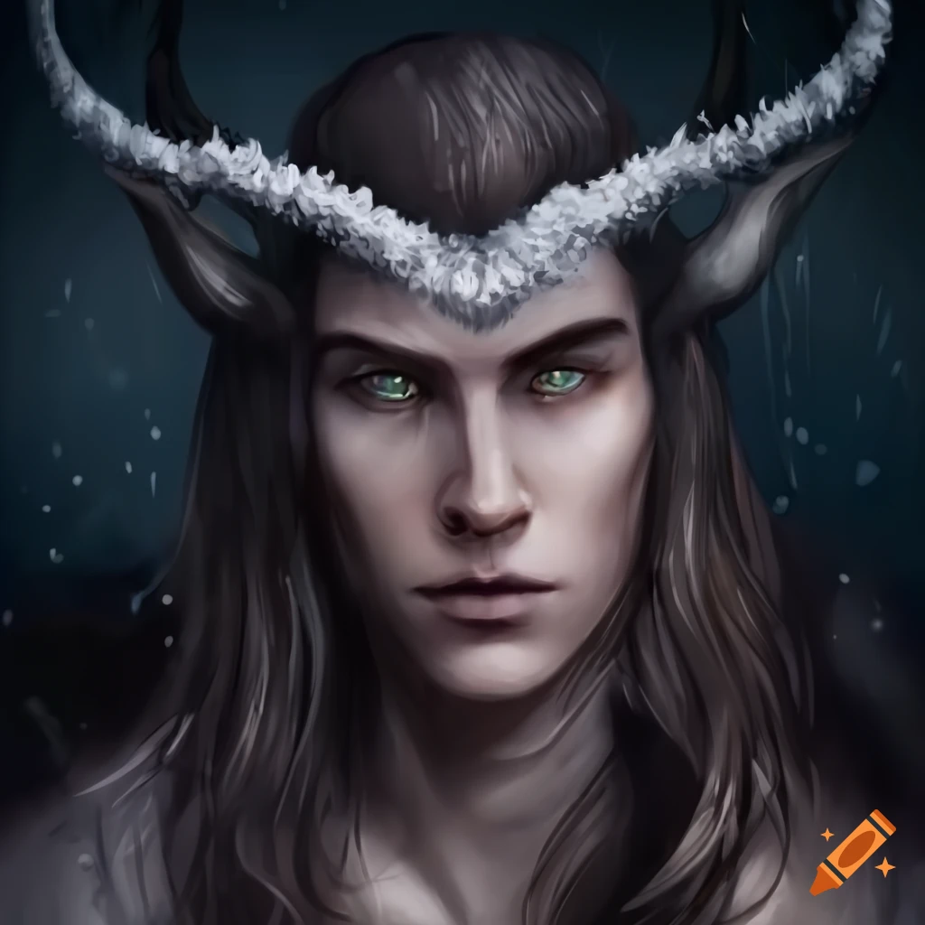 Image of a male winter god with green eyes and horns