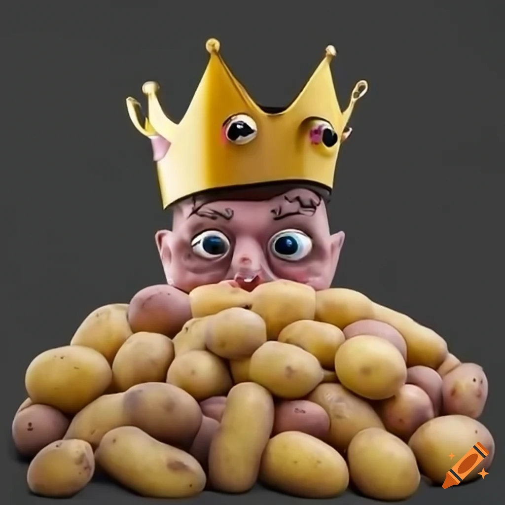 Cartoony illustration of a potato king and his subjects
