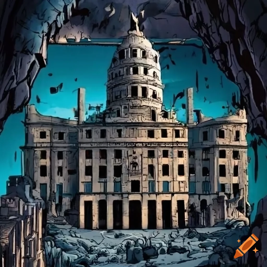 Comic illustration of a destroyed government building on Craiyon