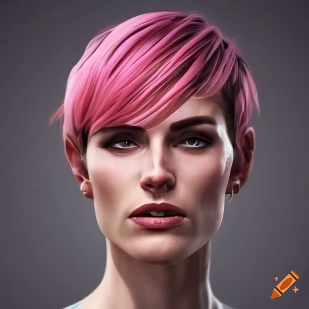 Close-up portrait of a strong and athletic woman with short pink hair ...