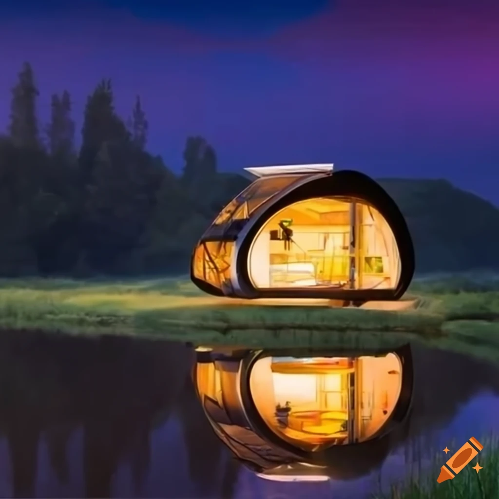 Futuristic camping pod overlooking neon-lit river