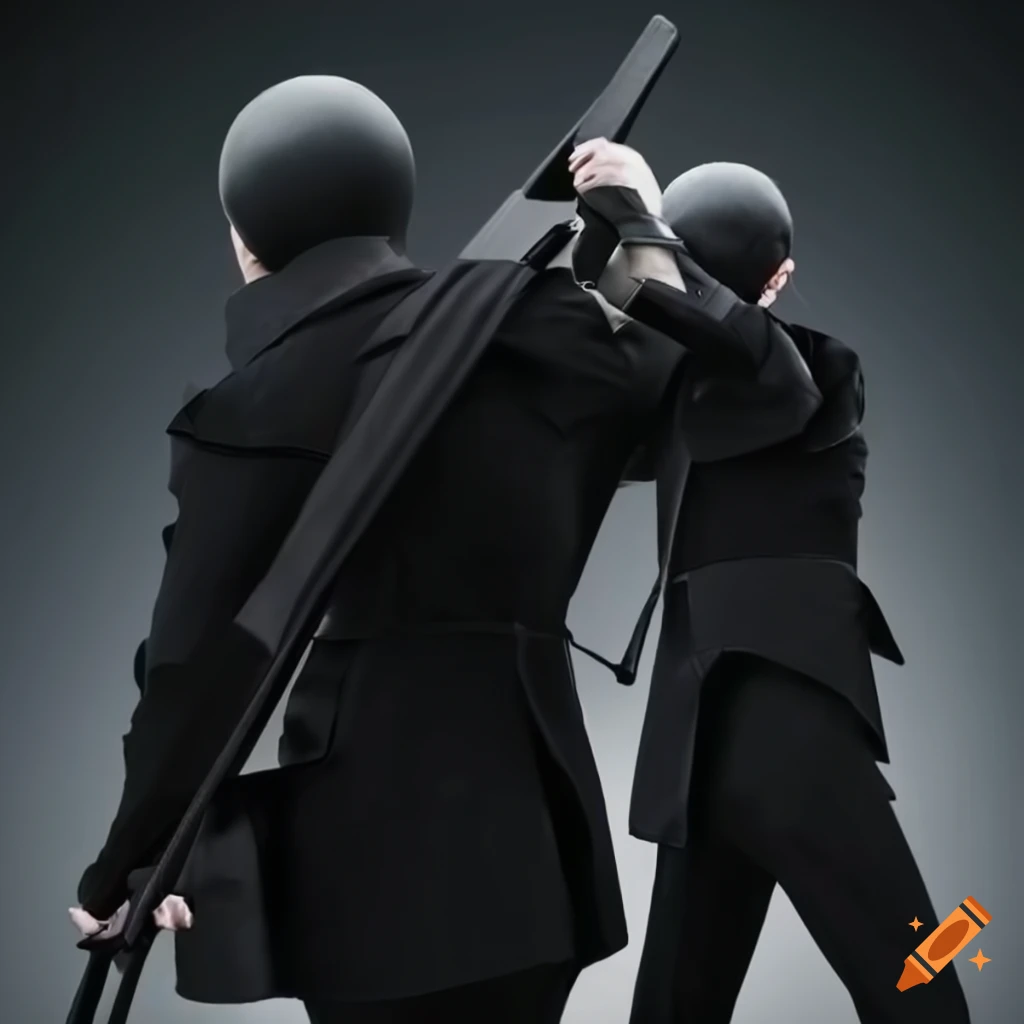 Two black-clad bodyguards from behind