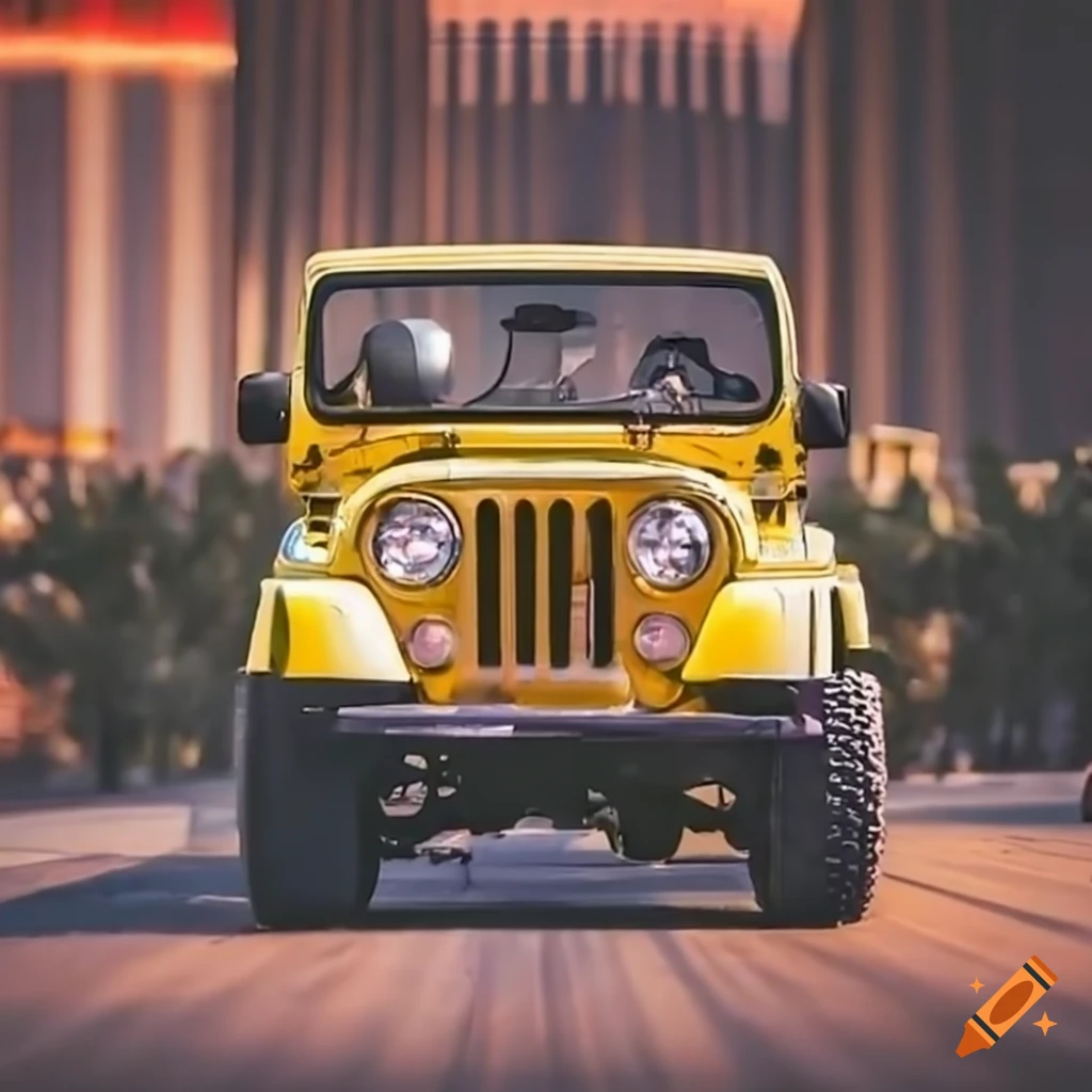 Yellow jeep cj-7 driving towards the las vegas sign on Craiyon