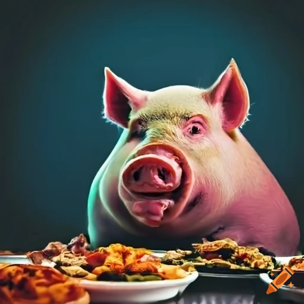 Funny image of a pig enjoying a buffet