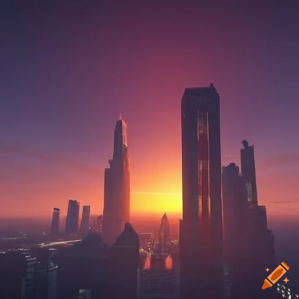Sunset view of a futuristic alien city on Craiyon