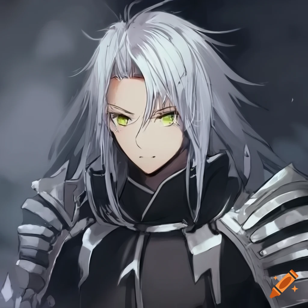 Anime-style character with long white hair and black armor