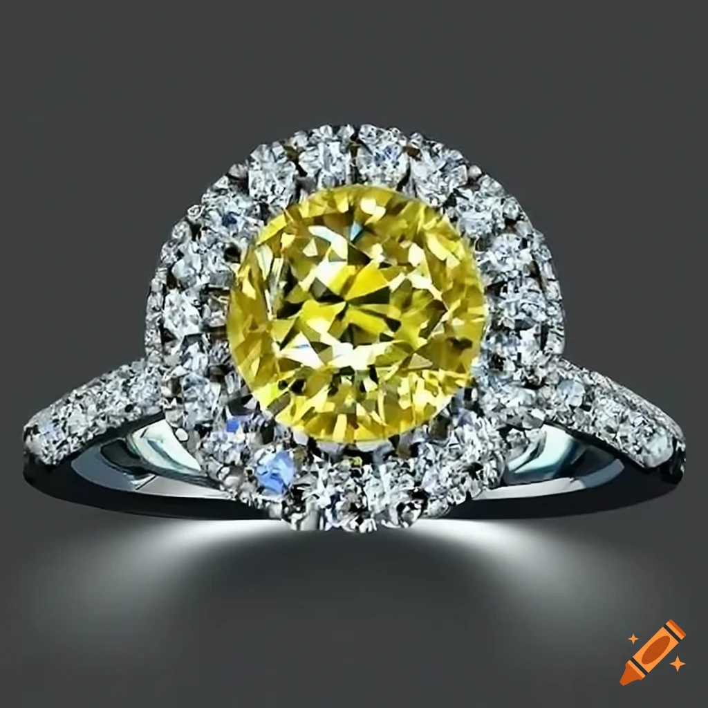 Yellow diamond engagement ring with halo of triangular diamonds on Craiyon