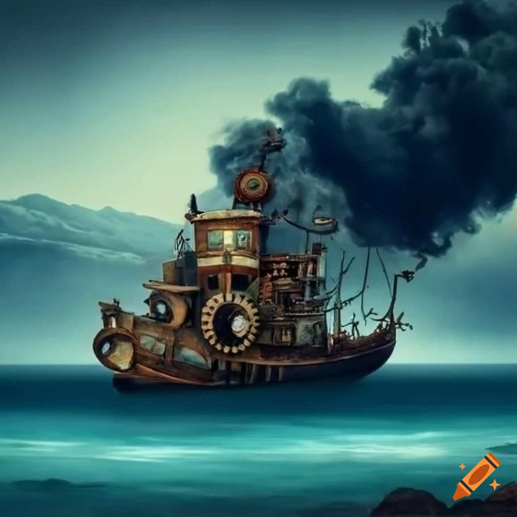 Surreal steampunk artwork with machines and crabs on the beach on Craiyon