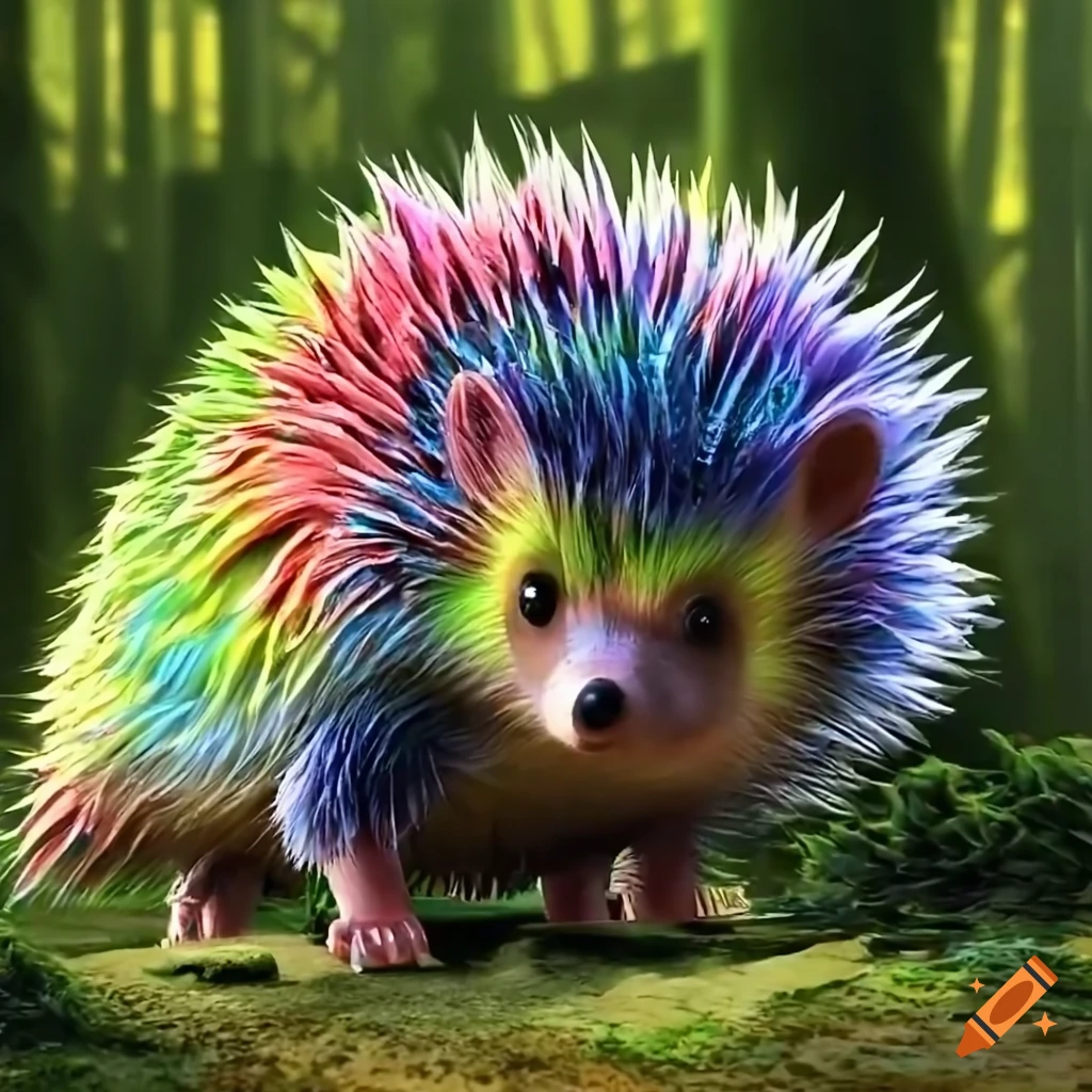 Hyper-realistic 3d rainbow hedgehog in a magical forest on Craiyon